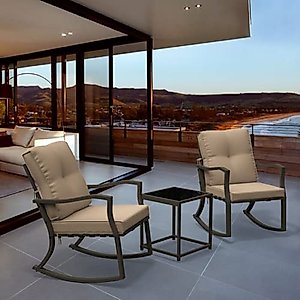 ALAULM Outdoor Rocking Chairs 3 Pieces Patio Bistro Set Patio Furniture Set Armrest Chair with Sand Thickened Cushions and Coffee Table for Patio Backyard Porch