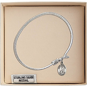 7 1/4 inch Oval Eye Hook Bangle Bracelet w/St. Peregrine Laziosi in Sterling Silver