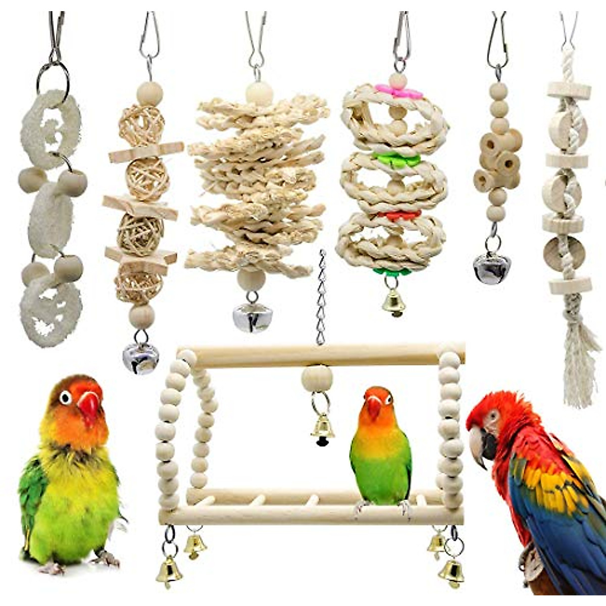 VolksRose 7 Packs Bird Parrot Swing Chewing Toys, Hanging Hammock Bell Pet Bird Climbing Stand Cage Toys Suitable for Small Parakeets, Cockatiels, Conures, Budgie, Macaws, Parrots, Mynah, Love Birds