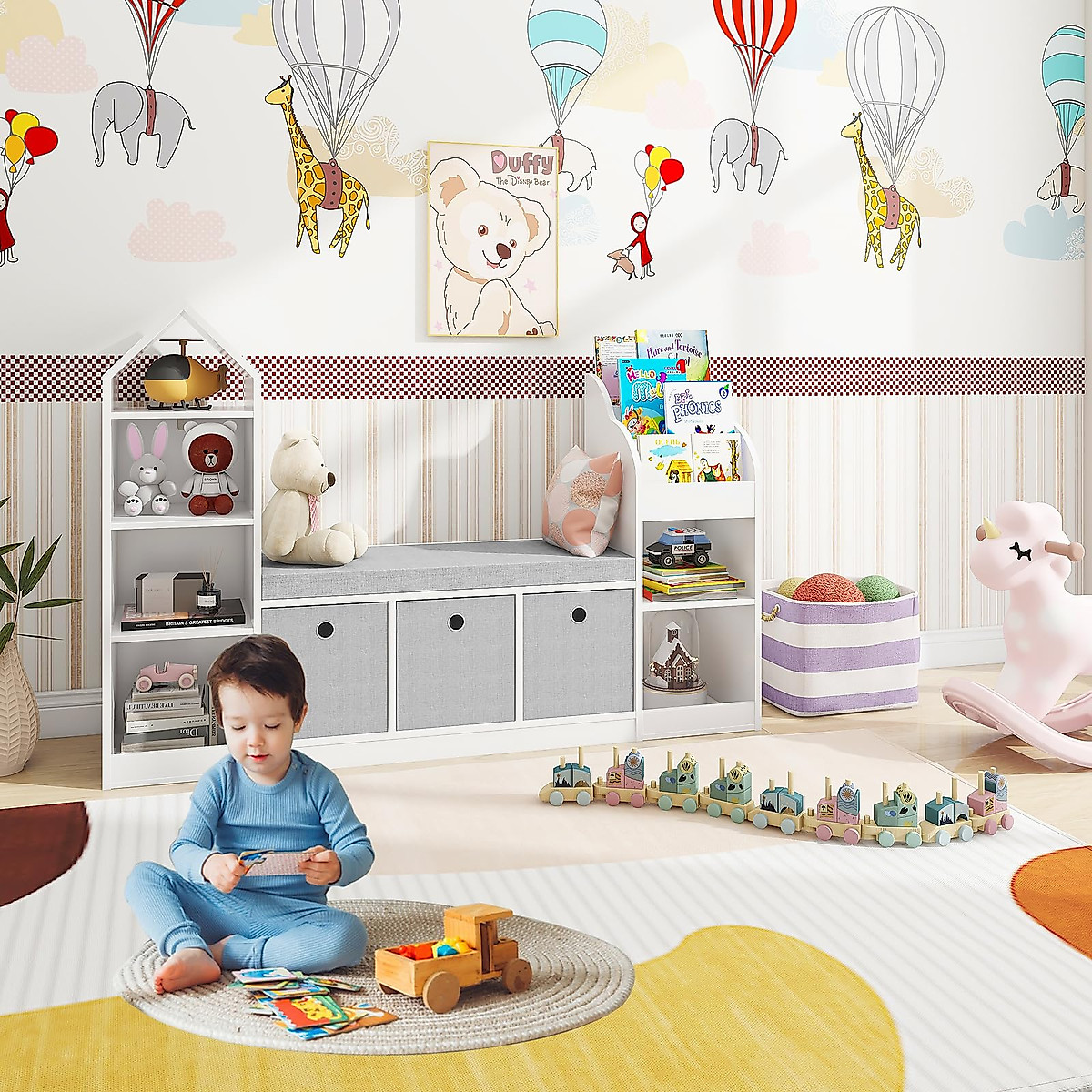 Vabches Toy Storage Organizer for Kids Bookshelf with Reading Nook, Multifunctional Kids Bookcase with 9 Storage Cubbies 3 Drawers and Large Seat Cushion for Keeping Kids' Toys Books Organized, White