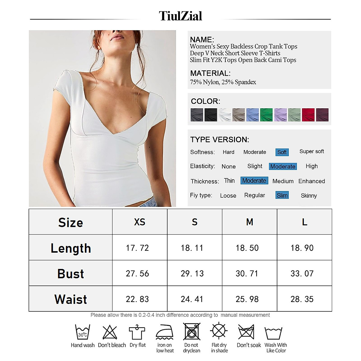 TiulZial Women's Sexy Backless Crop Tank Tops Deep V Neck Short Sleeve T-Shirts Slim Fit Y2K Tops Open Back Cami Tops White,S