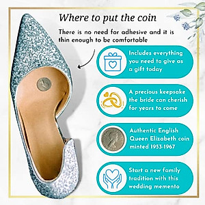 Authentic Silver Sixpence Coin For Bride's Shoe - 4 Piece Set Includes 1956 Sixpence, Sentimental Message Card, Something Old New Borrowed Something Blue Tradition Wedding Poem Card, Keepsake Gift Box