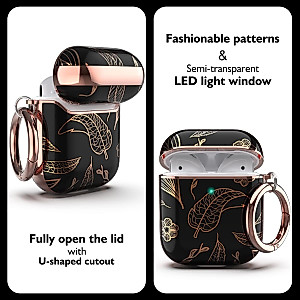 TATOFY Case Cover for AirPods 1&2, Stylish AirPods Case for Women Girls, Flower Patterns Protective Hard Case with Clip (Golden Black)