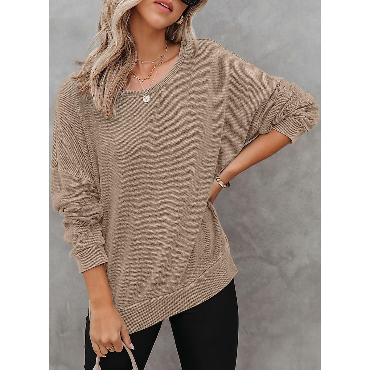 Dokotoo Womens Sweatshirt for Women 2024 Oversized Waffle Knit Crewneck Sweatshirt Long Sleeve Shirts Casual Loose Fit Lightweight Athletic Pullover Tunic Tops to Wear with Leggings Brown Large