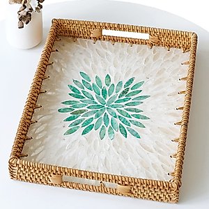 I-lan 15" Rectangular Rattan Woven Tray Basket with Mother of Pearl Inlay Wooden Base and Handles, Handmade Wicker Coffee Table Décor Serving Tray with 1.6" Wall, Handmade Decorative Display Basket