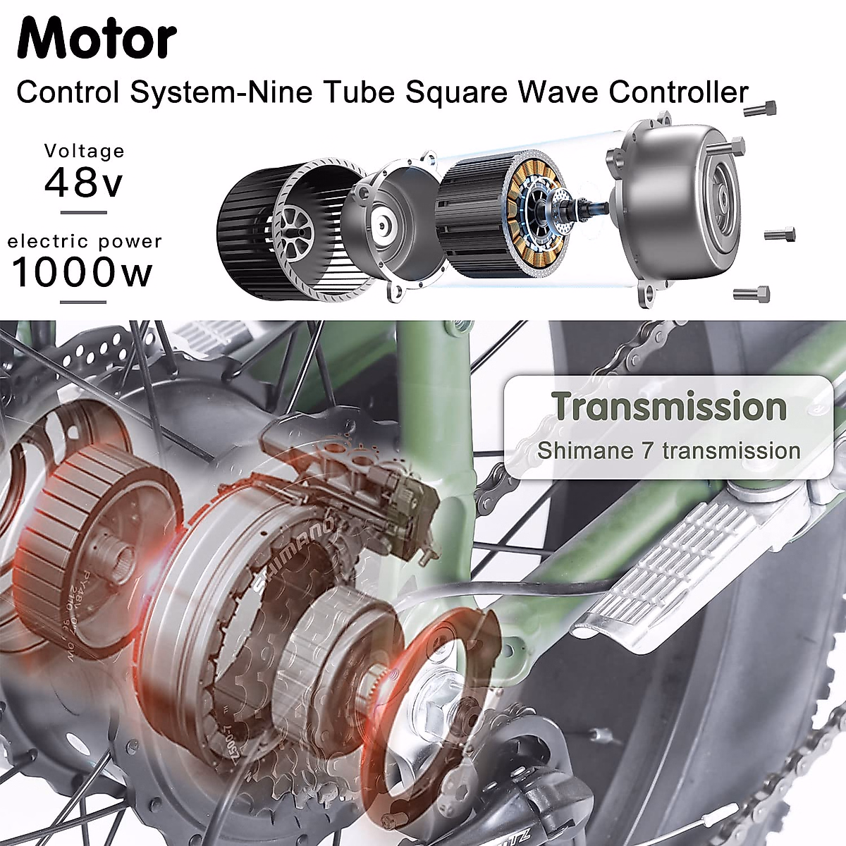 Bezior Electric Bike for Adults, 1000W 48v 12.5Ah Removable Lithium Battery, 20" x 4.0 Fat Pneumatic Tire, 7-Speed Gear Ebikes, Speed up to 45km/h, Snow Beach Mountain E-Bike, Manned XF001 Black