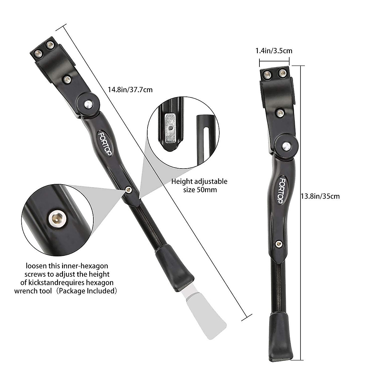 FORTOP Bike Kickstand, Adjustable Aluminum Alloy Bicycle Support Kick Stand Fit for 22'' 24'' 26'' 27.5'' 29'' Inch Mountain Bike/BMX/MTB/City Commuter Bike/Sports Bike/Adult Bike/Road Bike