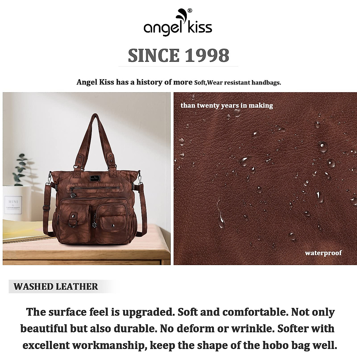 Angelkiss Purses and Handbag for Women Soft PU Leather Shoulder Handbag Hobo Bags Satchel Shoulder Bags Ladies Tote Crossbody Travel Bag BROWN
