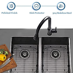 Orgneas Sink Protectors for Kitchen Sink, Universal Double Bowl Sink Bottom Grid 13.2"x11.6"x1.25", 304 Premium Stainless Steel Kitchen Sink Protector Grid Sink Grate Rack Rear Drain 2 Packs