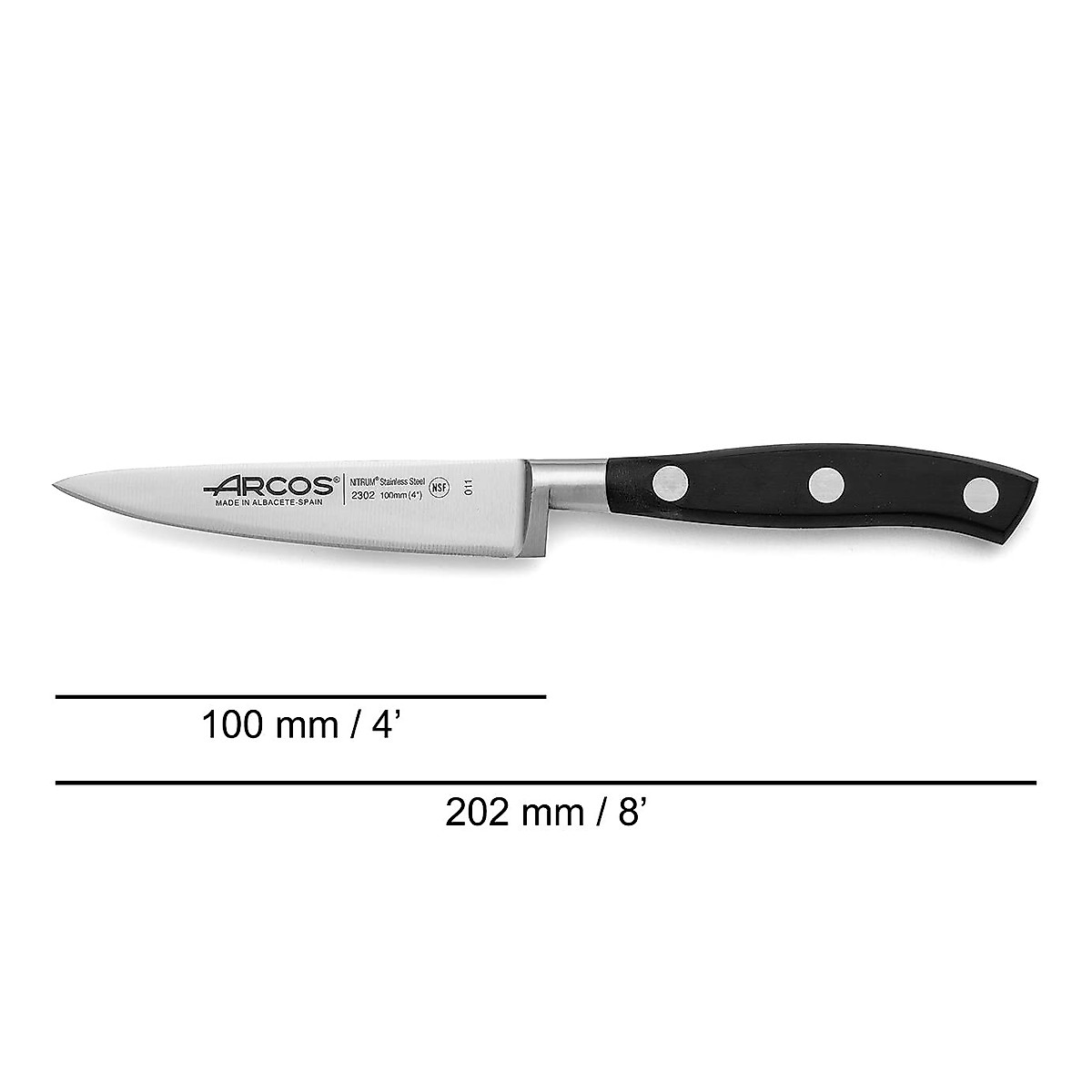 ARCOS Paring Knife 4 Inch Stainless Steel. Kitchen Knife for Peeling Fruits and Vegetables. Ergonomic Polyoxymethylene Handle and 100mm Blade. Series Riviera. Color Black