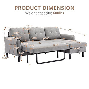 HUMEHA Convertible Sleeper Sofa, Linen Reversible Sleeper Sectional Sofa with Storage Chaise, Modern Upholstered Pull Out Sofa Bed, L Shaped Sofa Couch for Living Room Bedroom, Light Gray