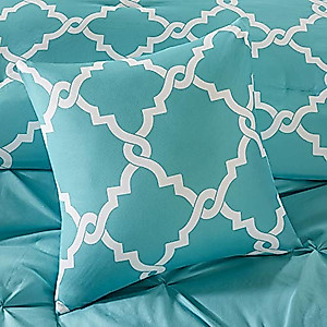 Madison Park Essentials Kasey Cozy Comforter Set - Fretwork Design, All Season Bedding with Matching Shams, Decorative Pillow, Queen (90in x 90 in), Diamond Aqua Comforter 5 Piece