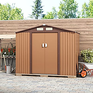 HOGYME 9.1' x 6.3' Storage Shed, Sheds & Outdoor Storage with Double Sliding/Lockable Door, Metal Tool Shed for Garden Backyard Patio Lawn, Coffee