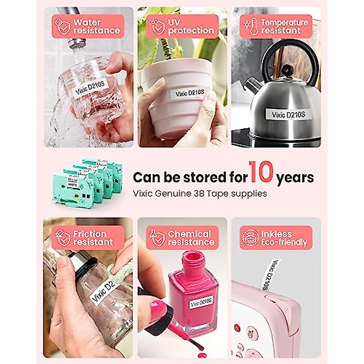 Pink Label Maker Machine-Vixic-D210S Label Makers,QWERTY Keyboard Labeler,Easy Handheld Portable Sticker Printer for Labeling with AC Adapter for Home School Office Organization