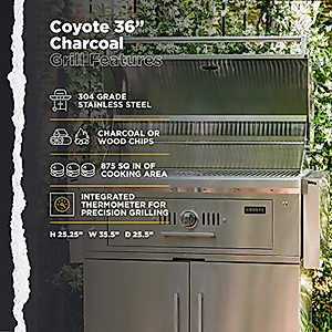 Coyote 36-Inch Built-in Charcoal Grill - C1CH36, Stainless Steel, 875 sq. in. Cooking Area