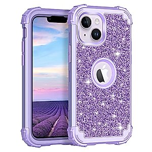 LONTECT for iPhone 14 Plus Case Glitter Sparkly Bling Shockproof Heavy Duty Hybrid Sturdy High Impact Protective Cover Case for Apple iPhone 14 Plus, Shiny Purple