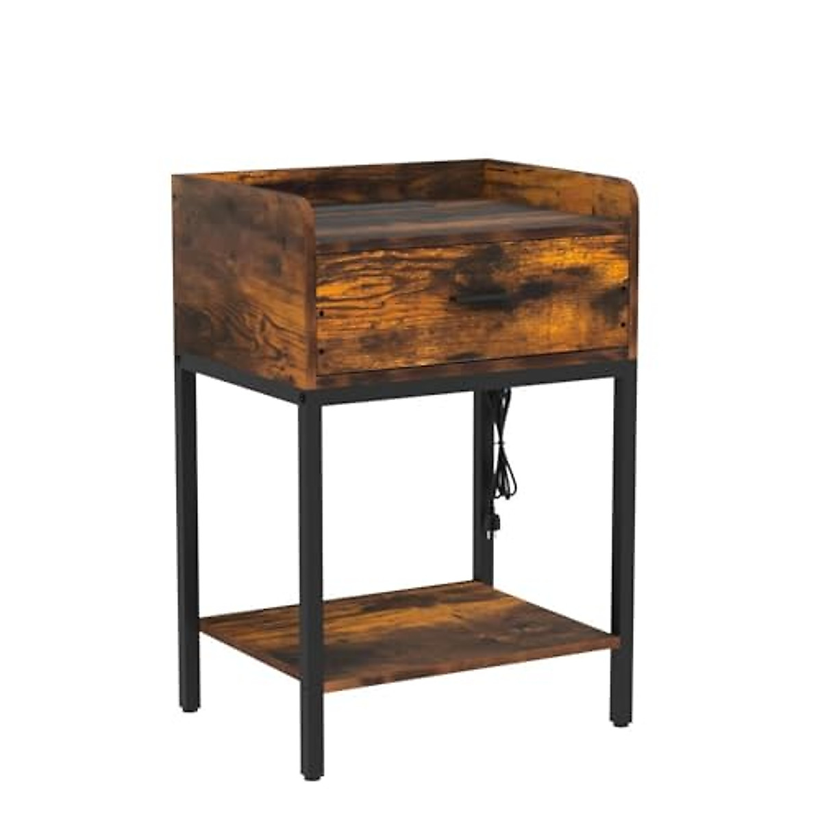 Lerliuo Nightstands Set of 2 with Charging Station and USB Ports, 3-Tier End Side Table with Storage Drawer and Shelf, Modern Bedside Night Stand for Bedroom, Retro Brown