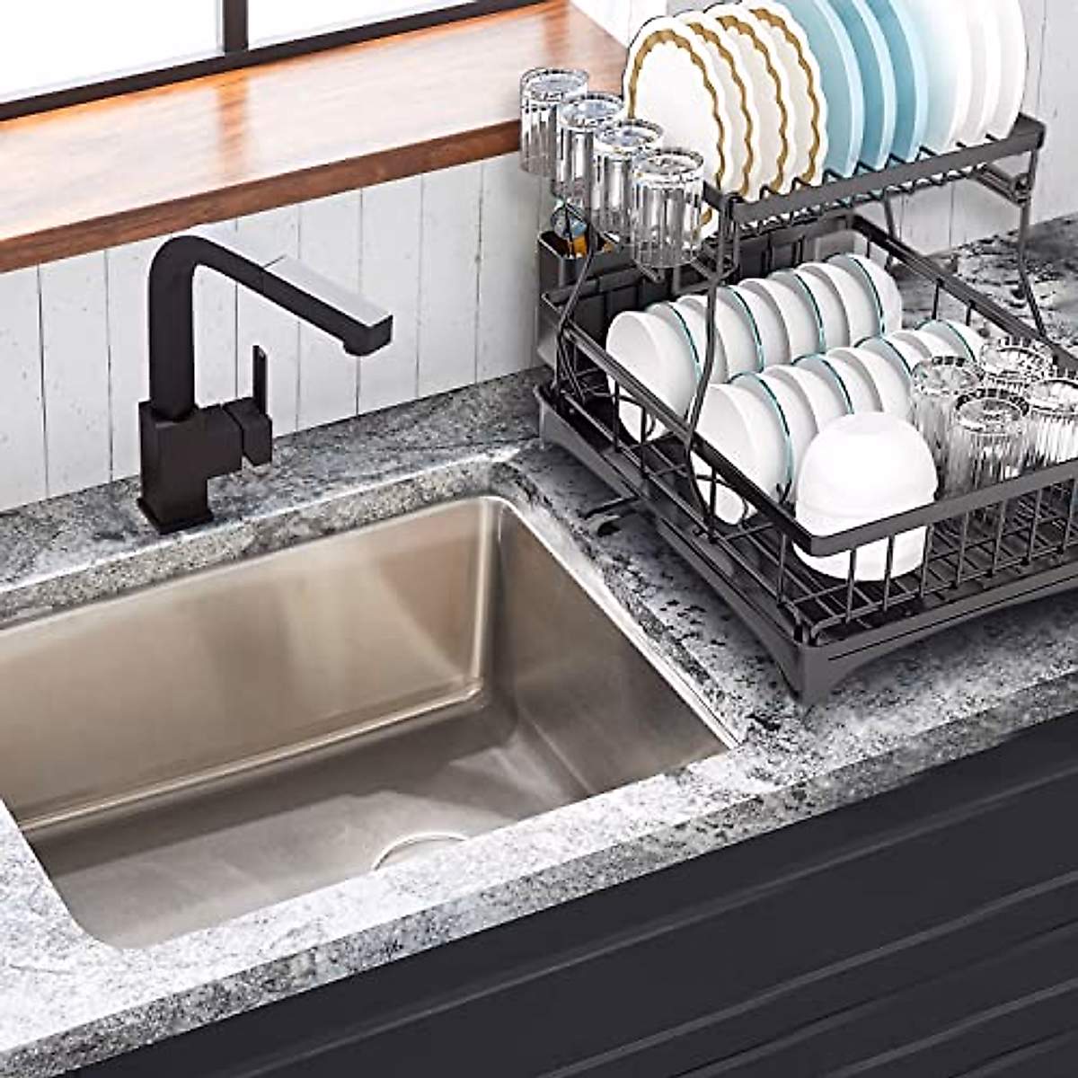 NIUXX Large Dishes Drying Rack Drainboard Set, 2 Tiers Stainless Steel Drainers Holder with Drainage Tray, Kitchen Counter Dish Dryer with Detachable Wine Glass Markcups Utensil Holder, Ideal Gift