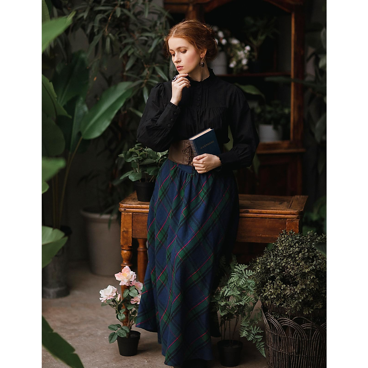 Long Plaid Skirts for Women Maxi Elastic High Waist Tartan Swing Skirt Blue S