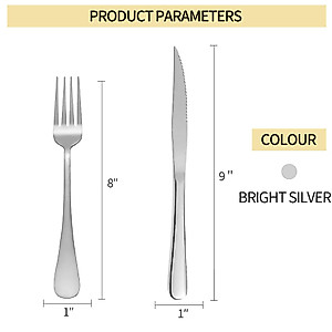 Rygten QU 12-piece Bright Silver Steak Knives Set, Fork And Knives Set For 6, Stainless Steel Knife Set Of 12, Dishwasher Safe