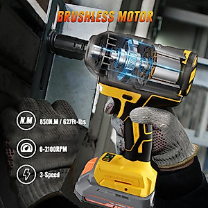 Cordless Impact Wrench Compatible with 20V Battery (No Battery) 1/2" Brushless High Torque Impact Gun with Max 627Ft-lbs (850N.m) Power, 6 Sockets, Belt Clip, Tool Bag