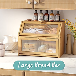 Vriccc Large Bread Box for Kitchen Counter, Double Layer Bamboo Wooden Large Capacity Bread Storage Bin with Acrylic Wavy Door Panel