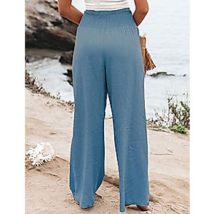 Zontroldy Cotton Linen Wide Leg Pants for Women Casual Elastic High Waist Smocked Palazzo Lounge Pants(0718-DenimBlue-XL)