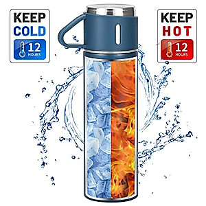 MUCR 500ml/17 OZ Stainless Steel Coffee Thermo Vacuum Flask Set, Insulated Water Bottle with Three Cup for Hot and Cold Drinks, Blue
