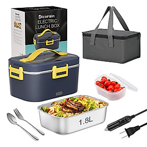 Dicorain Electric Lunch Box, 80w 1.8L Heated Lunch Box for Truck/Car/Office/Home/Work, 12/24/110v 3 In 1 Portable Food Warmer Lunch Box with Removable SS Container, Fork & Spoon (Dark Blue)