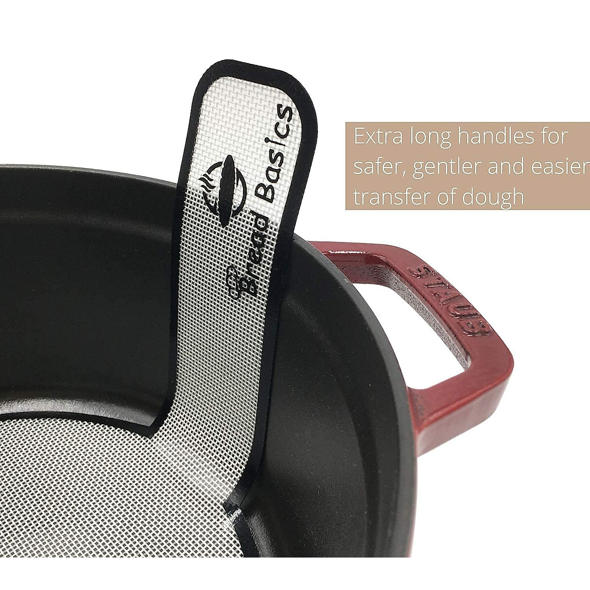 Bread Basics Silicone Baking Mat for Dutch Oven Bread Baking w/Storage Band - Long Handles for Gentler & Safer Transfer of Dough - Easy to Clean - Eco-Friendly Alternative for Parchment Paper - 8.3"