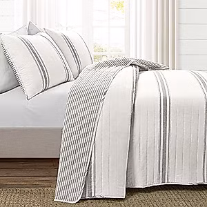 Lush Decor Farmhouse Stripe Reversible Cotton 3 Piece Quilt Set, Full/Queen, Gray