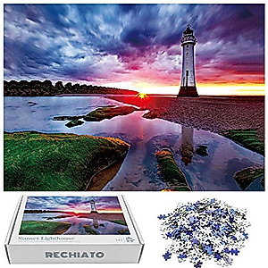 2 Pack 1000 Pieces Sunset Lighthouse & Purple Lightning Puzzle, Talacre Lighthouse UK & Landscapes of Thunder Storm, Jigsaw Puzzles for Adults 1000 Pieces and Up, Beach Puzzle Gifts for Women & Mom