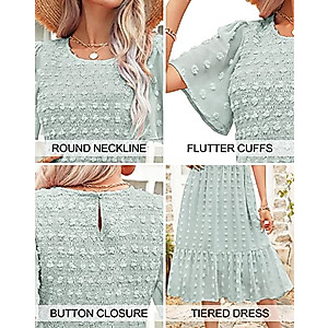 Annebouti Womens Summer Dress 2023 Flutter Short Sleeve Casual Modest Cute Swing Flowy Chiffon Swiss Dot Smocked Midi Dress Solid Light Green L