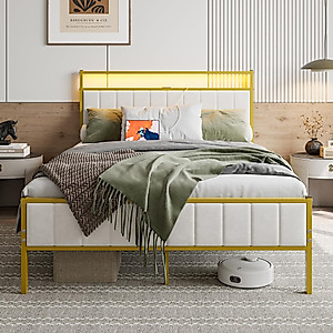 Full Size Bed Frame with Headboard & LED Lights,Upholstered Platform Bed Frame Full Size with Charging Station,Heavy Duty Velvet Bed Frame,No Box Spring Need,Noise Free,Easy Assembly,White