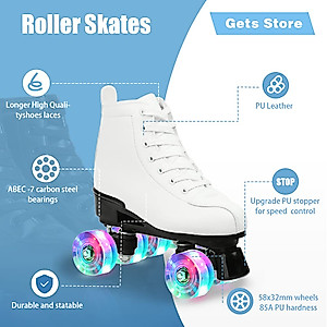 Gets Women's Roller Skates PU Leather High-top Roller Skates Four-Wheel Roller Skates Shiny Roller Skates for Girls Unisex (White Flash Wheel,US: 5.5)