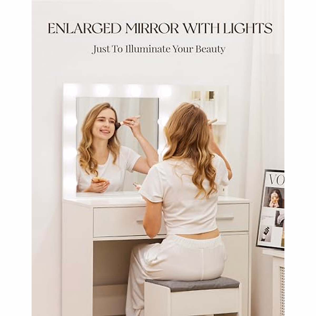 LIVELYGLOW Vanity Desk with Mirror and Lights, Makeup Vanity with Drawer & Storage Shelves, Cabinet, 3 Lighting Modes Adjustable Brightness, Bedroom Dressing Table, White