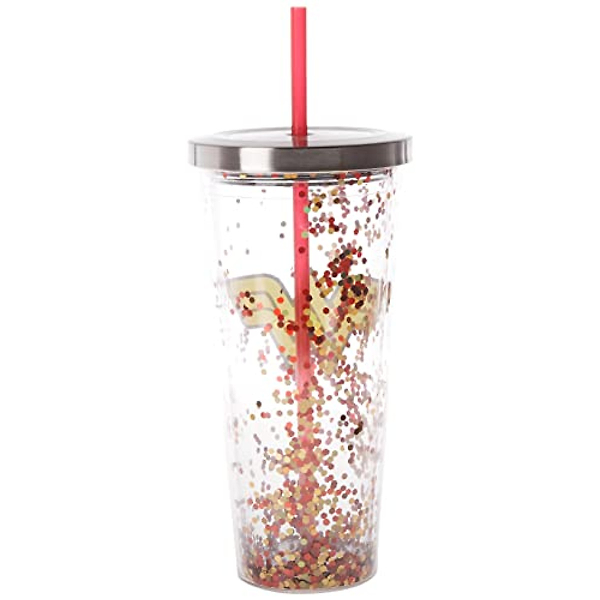 Spoontiques - Glitter Filled Acrylic Tumbler - Glitter Cup with Straw - 20 oz - Stainless Steel Locking Lid with Straw - Double Wall Insulated - BPA Free - Wonder Woman - Red & Gold