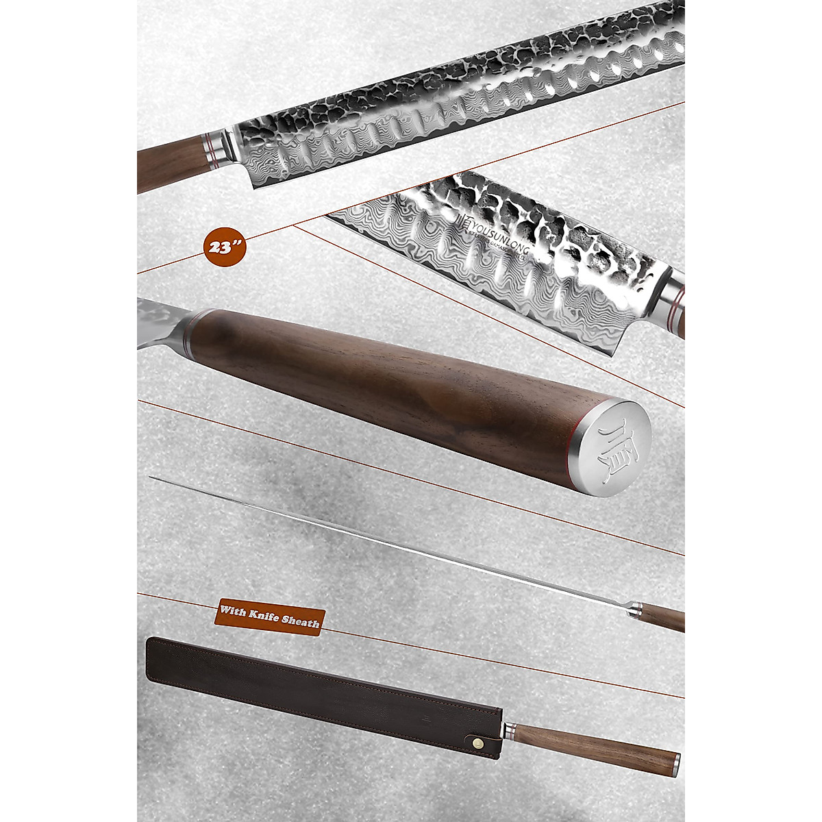 YOUSUNLONG Sakimaru Knife 23 Inch Ultra Yanagiba - Japanese Hammer Damascus Steel Blade - Chef Slicer Suitable for Cutting Large Maguro Tuna Salmon - Natural Walnut wood Handle with Leather