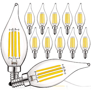 LUXRITE Vintage Candelabra LED Bulb 60W Equivalent, 550 Lumens, 3000K Soft White, LED Chandelier Light Bulbs 5W, Dimmable, Flame Tip Clear Glass, Filament LED Candle Bulbs, E12 Base (12 Pack)