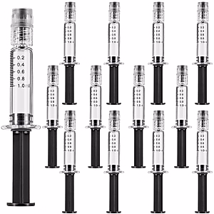 Nuanchu 24 Pieces Borosilicate Glass Syringes Set Include 12 Pieces 1 ml Borosilicate Glass Syringe Lock and 12 Pieces Stainless Steel Lock Dispensing Needle for Thick Liquids, Ink Use
