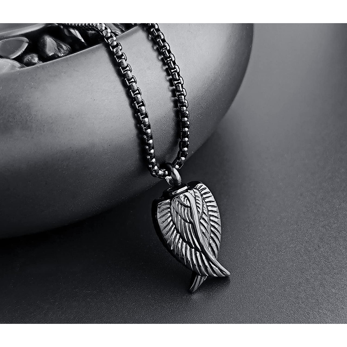 YOUFENG Angel Wing Urn Necklace for Ashes Stainless Steel Cremation Jewelry Always in My Heart Ashes Necklaces Memorial Keepsake for Men Black