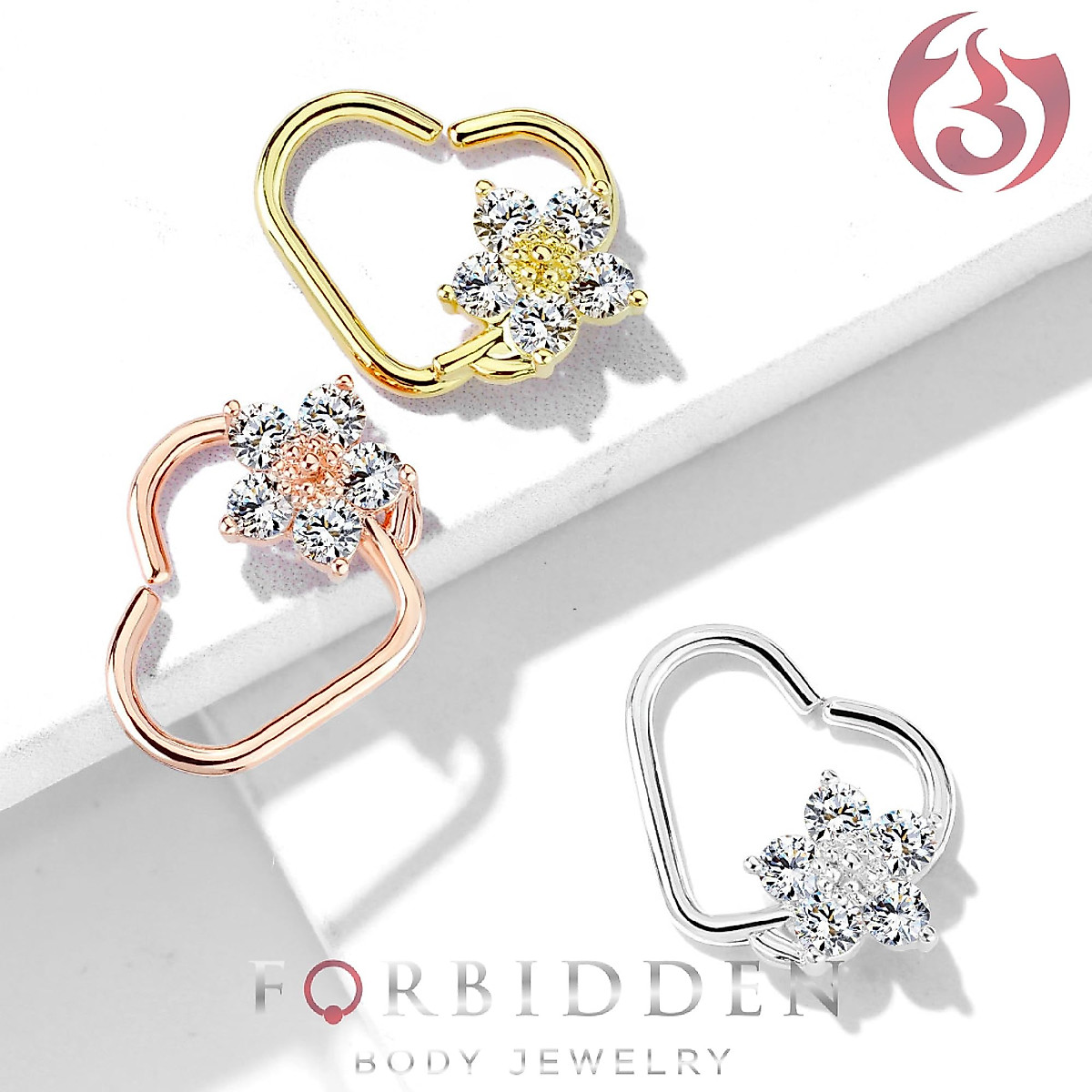 Forbidden Body Jewelry Rose Gold Plated Heart w/CZ Flower Daith & Cartilage Hoop Earring (Left Ear)