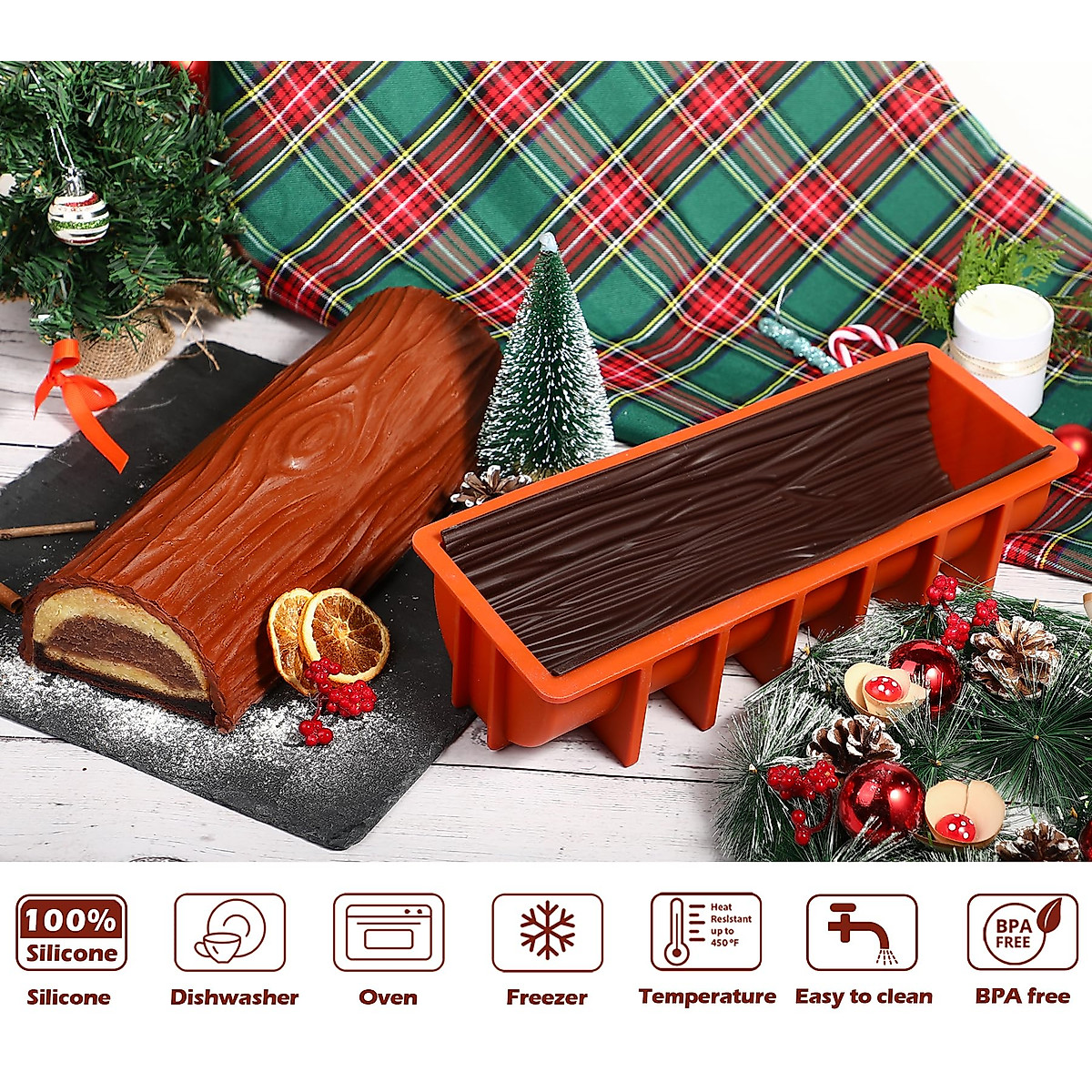 Webake Yule Log Cake Pan Silicone Yule Log Cake Mold with 2 Bark Mat, Christmas Cake Mold for Cake, Jello, Dessert, Great for Christmas