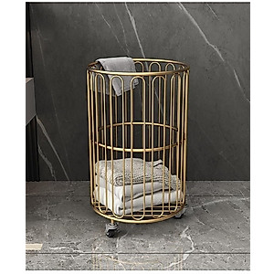 OVARIA Rolling Hamper with Wheels, Round Mesh Metal Laundry Hamper, Square Clothes Basket, Laundry Rolling Cart for Bathroom Bedroom Storage Dirty Clothes Storage(Color:Gold,Size:Round)