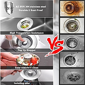 3 in 1 Kitchen Sink Drain Strainer Stopper, Brushed Stainless Steel SUS 304 Pop Up Sink Drain Stopper for Standard 3-1/2 Inch Drain Anti-Clogging Odor Prevention