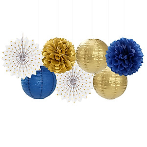 Navy-Blue White Gold Party-Decorations - 20pcs Graduation 2024 Paper Lanterns Fans,Tissue Pom Poms,Honeycomb Ball,Birthday Bridal Celebration Bachelorette Baby Shower Wedding Homecoming Decor Burgleda