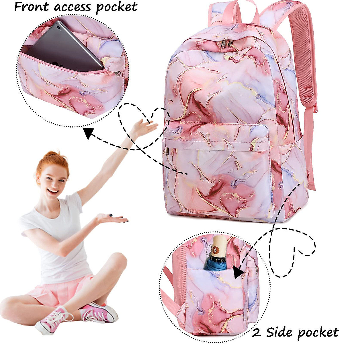 Jumpopack School Backpack for Girls Backpack with Lunch Box - Elementary to Middle School Bag Kids Teen Girl Bookbag,Marble Pink