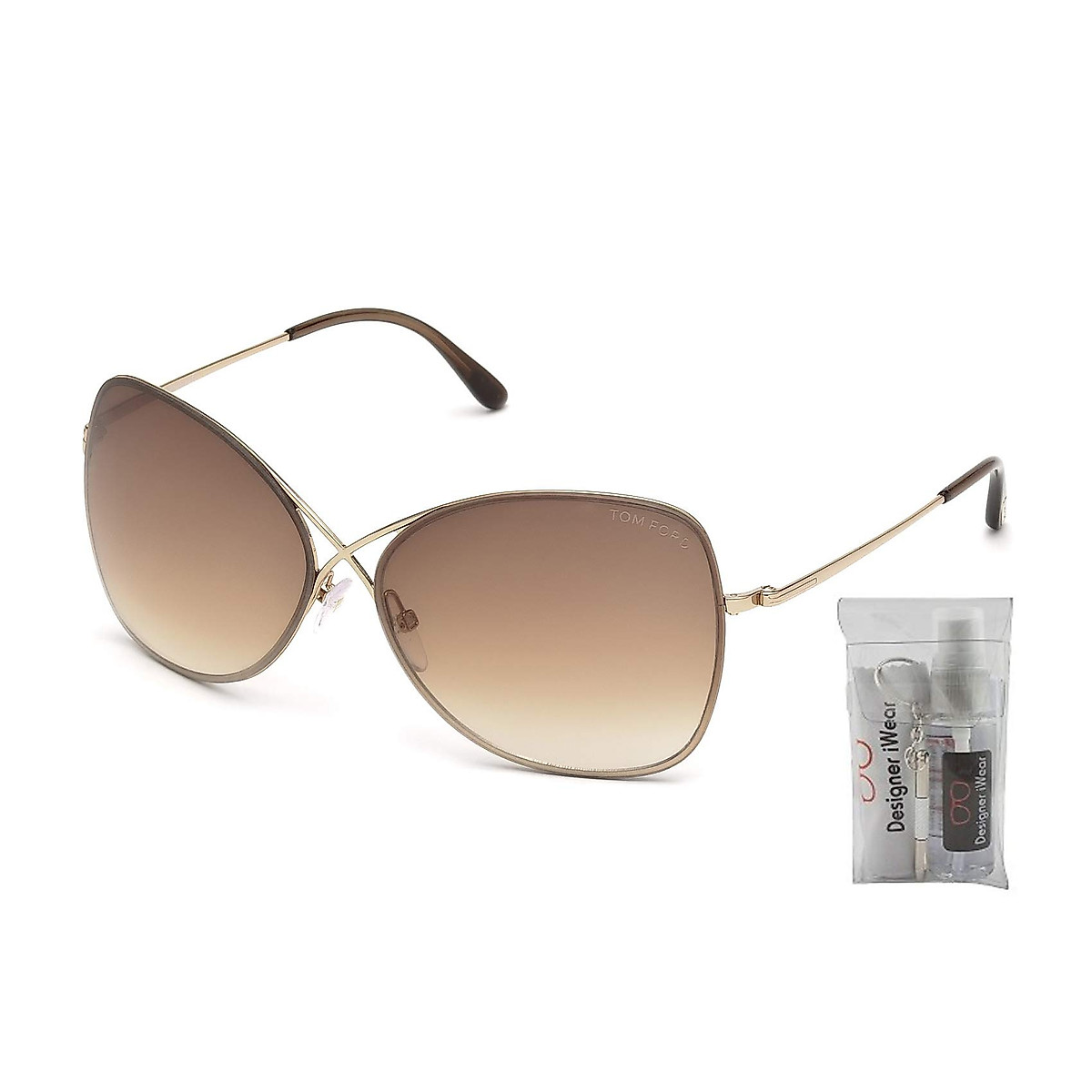 Tom Ford FT0250 Colette 28F 63MM Shiny Rose Gold, Dark Brown Temple Tips/Gradient Brown Butterfly Sunglasses for Women + BUNDLE with Designer iWear Eyewear Kit
