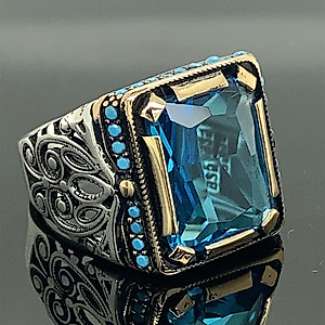 Men Aquamarine Stone Ring, Blue Stone Ring, Vintage Men Ring, Turkısh Ottoman Men Ring, 925k Sterling Silver Ring,
