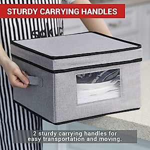 Sakuchi China Storage Containers for Dishes With Handles, Dinnerware Storage Box for Plates with 12 Cushion Sheets, 12"x12", Set of 2 (Grey)